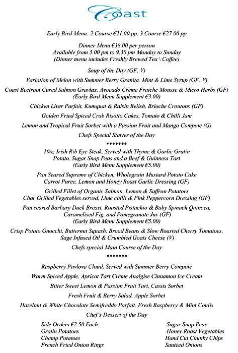 Menu at Coast Restaurant, Malahide, 1 Grove Rd