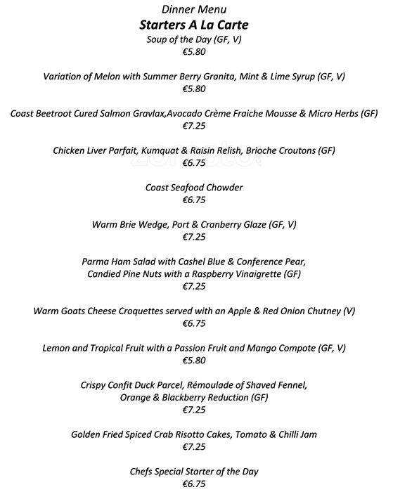 Menu at Coast Restaurant, Malahide, 1 Grove Rd