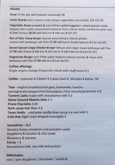 Menu at The Roots restaurant, North Sydney, 2E Plaza 7 & 8