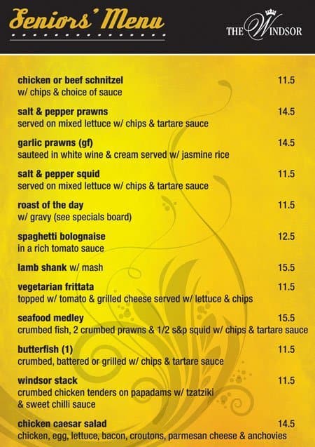 Menu at Windsor Hotel restaurant, Windsor Gardens