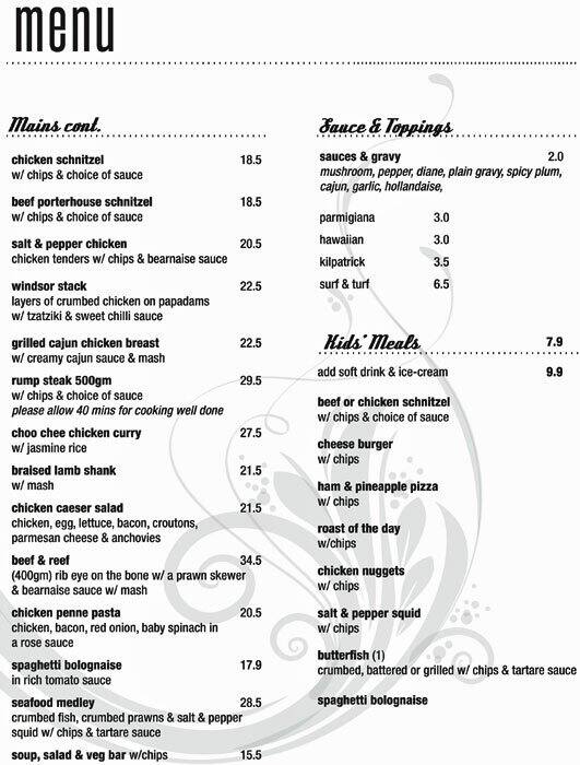 Menu at Windsor Hotel restaurant, Windsor Gardens