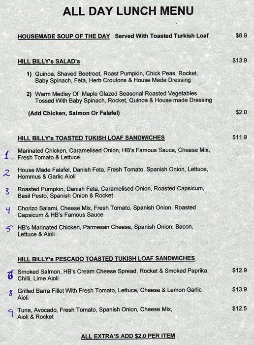Menu at Hillbilly's Cafe, Blackwood