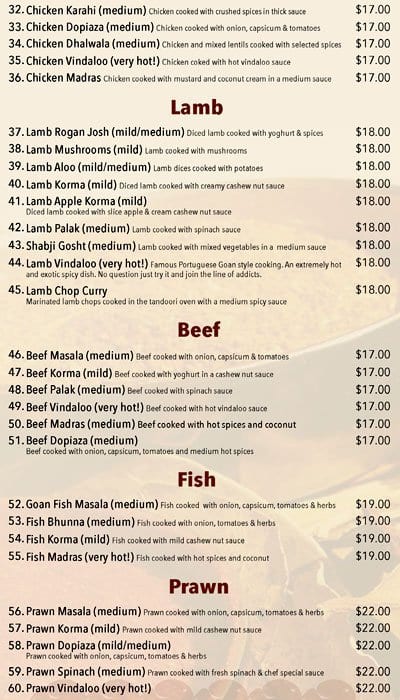 Menu at The Clove Indian Restaurant, Yangebup