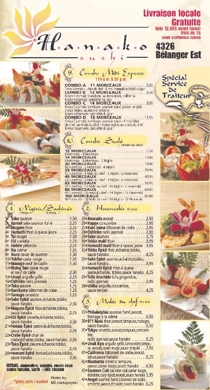 Menu at Sushi Hanako restaurant, Montreal