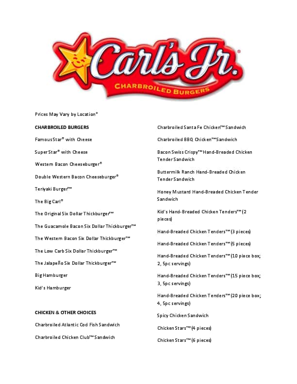 Carta del restaurante Carl's Jr, Arlington