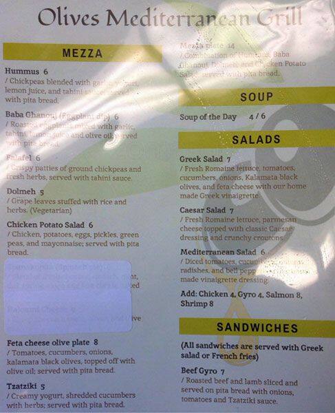 Menu at Olives Mediterranean Grill restaurant, Arlington