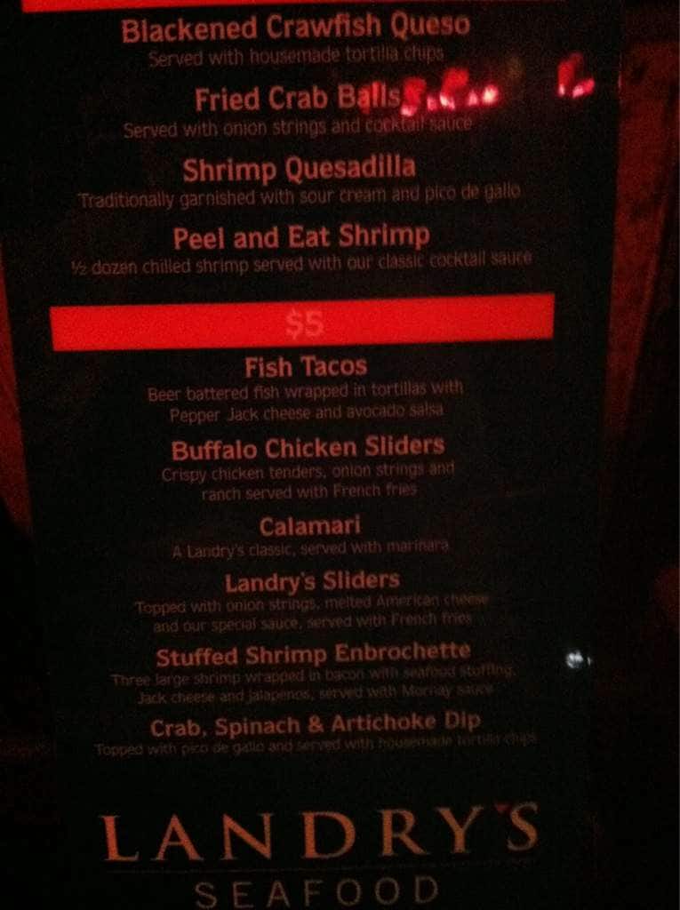 Menu at Landry's Seafood House restaurant, Branson