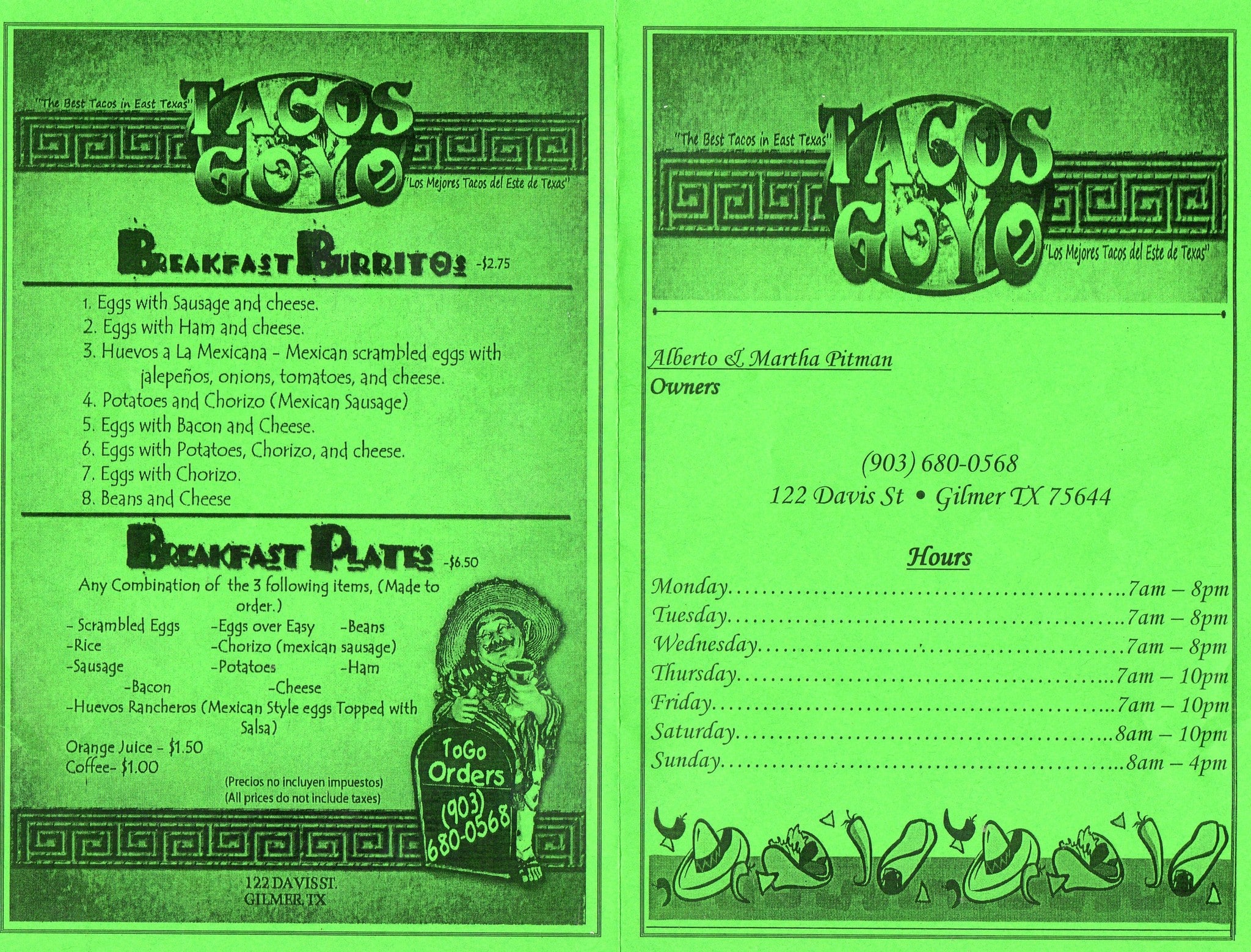 Menu at Tacos Goyo restaurant, Gilmer