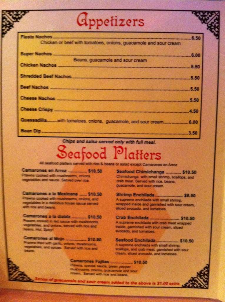 Menu at La Fiesta restaurant, Bandon