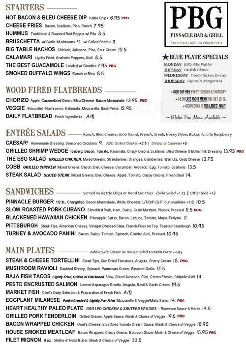 Menu at Pinnacle Bar & Grill, Rogers