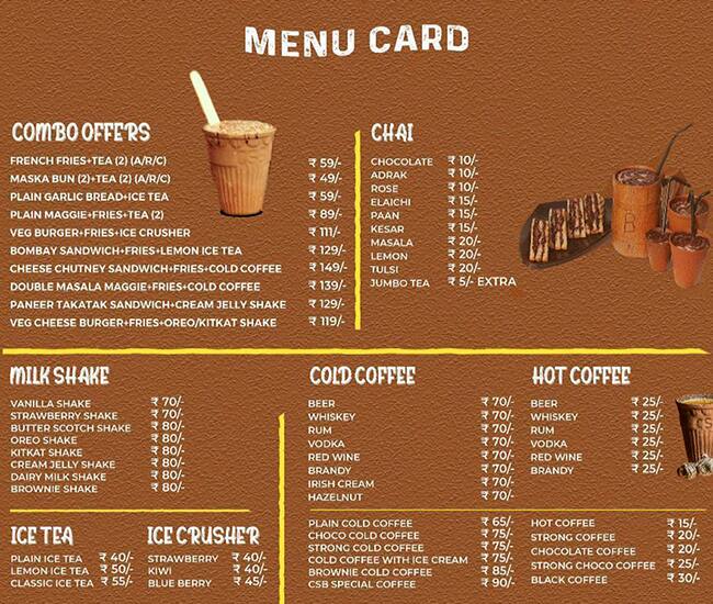 Menu at Chai Sutta Bar, Indore, 5A