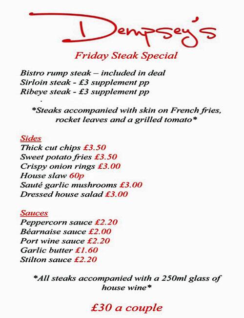 Menu at Dempsey's restaurant, Carlisle