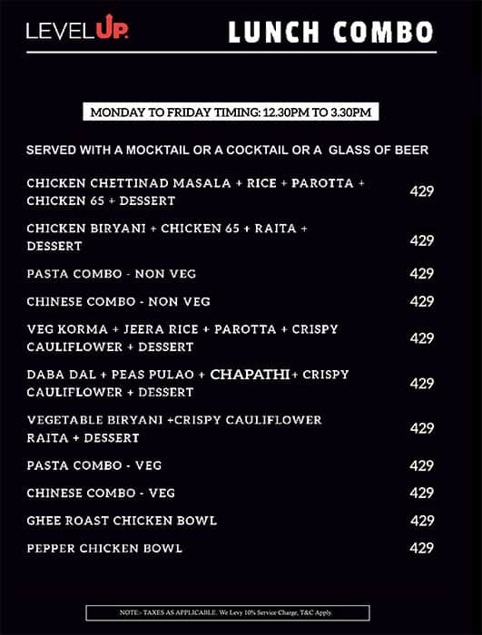 Menu of Level Up, Aminijikarai, Chennai