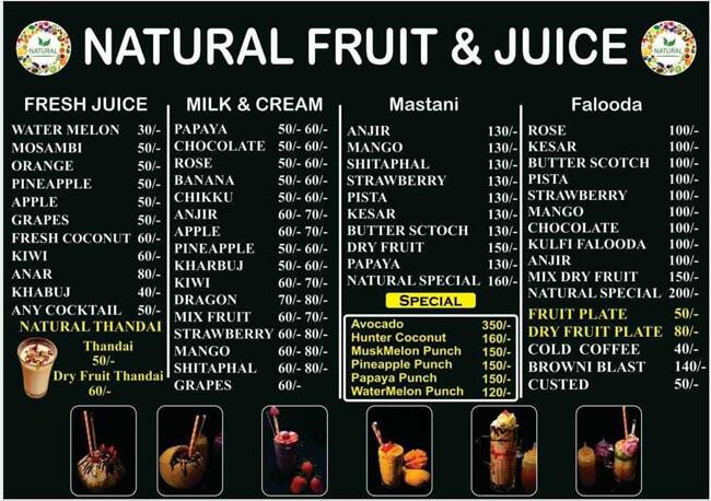 Menu of Natural Fruit And Juice Center, Wakad, Pune