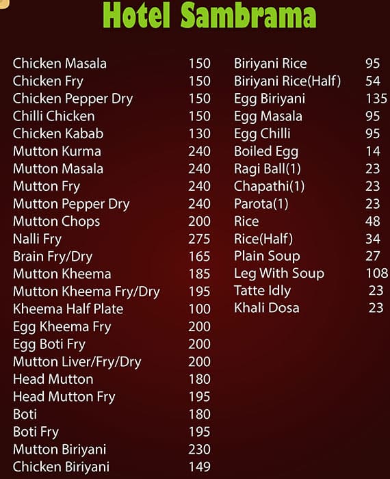Menu of Hotel Sambrama, Vijay Nagar, Bangalore