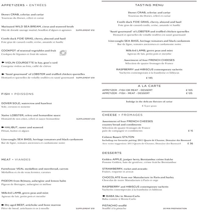 Menu at Alain Ducasse at The Dorchester restaurant, London, 53 Park Ln