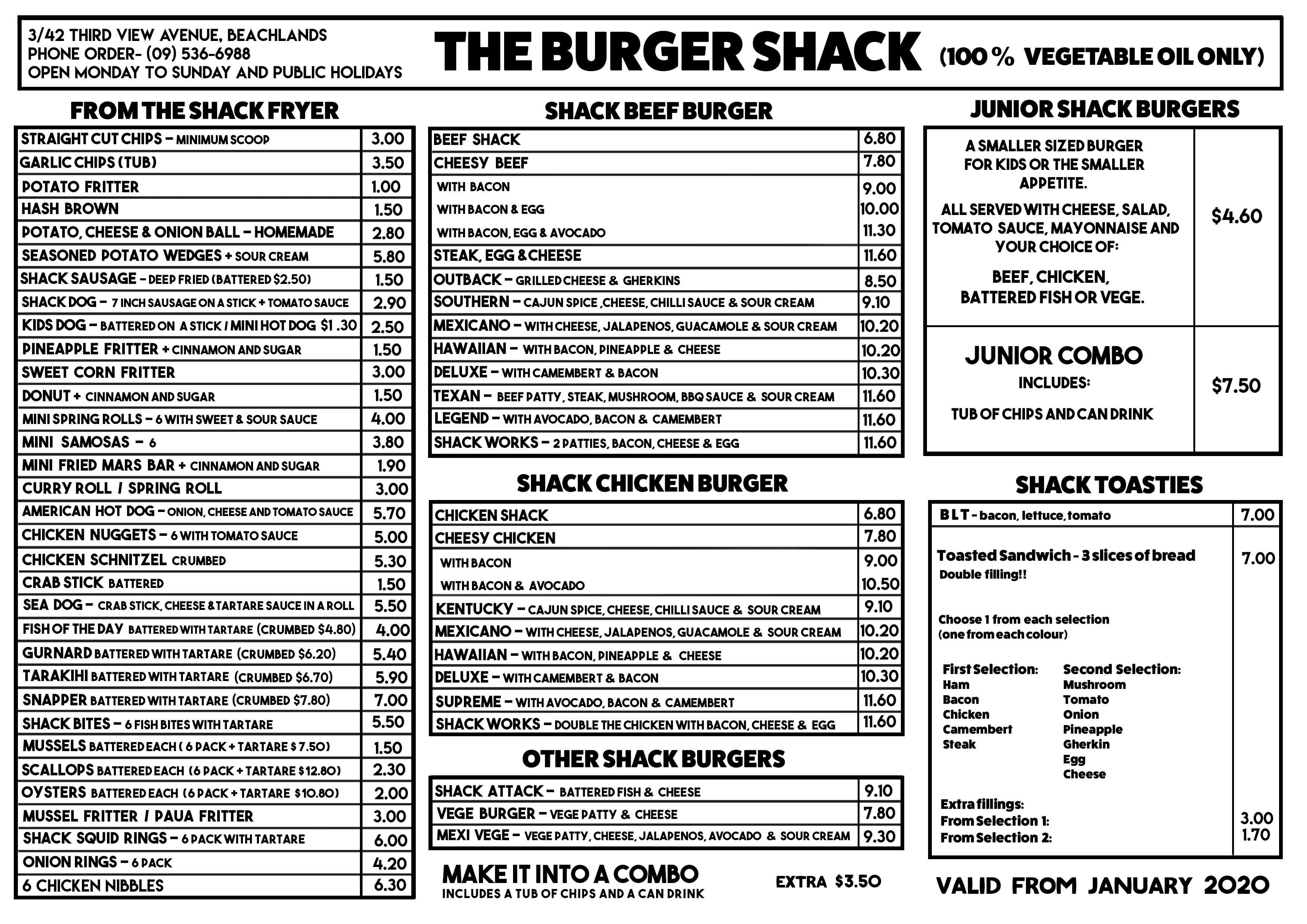 Menu at The Burger Shack fast food, Auckland