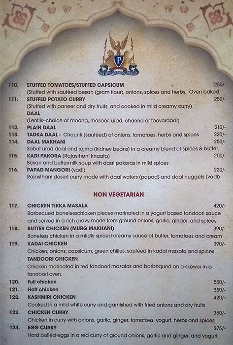 Menu at Hotel Rajasthan Palace, Jaipur