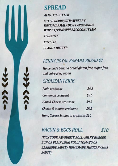 Menu at The Penny Royal cafe, Mosman