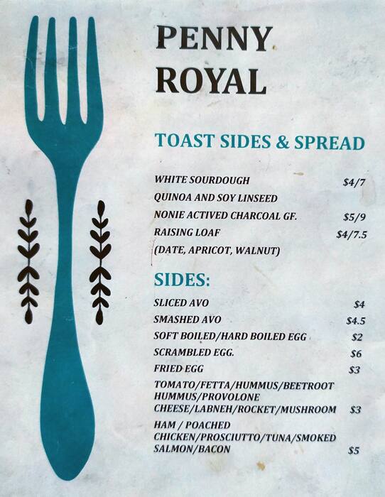 Menu at Penny Royal cafe, Mosman
