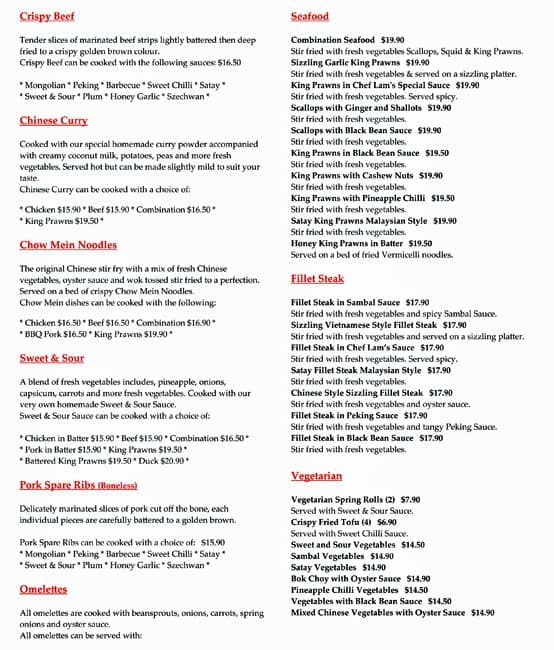 Menu at Chef Lam's Restaurant, Craigmore