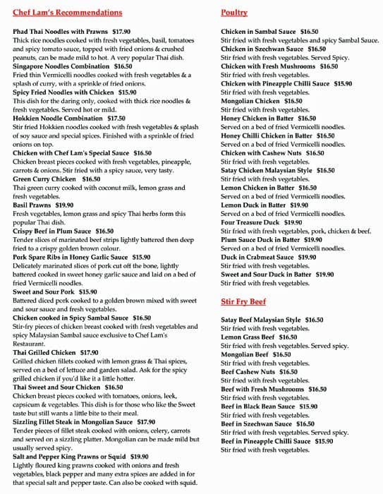 Menu at Chef Lam's Restaurant, Craigmore