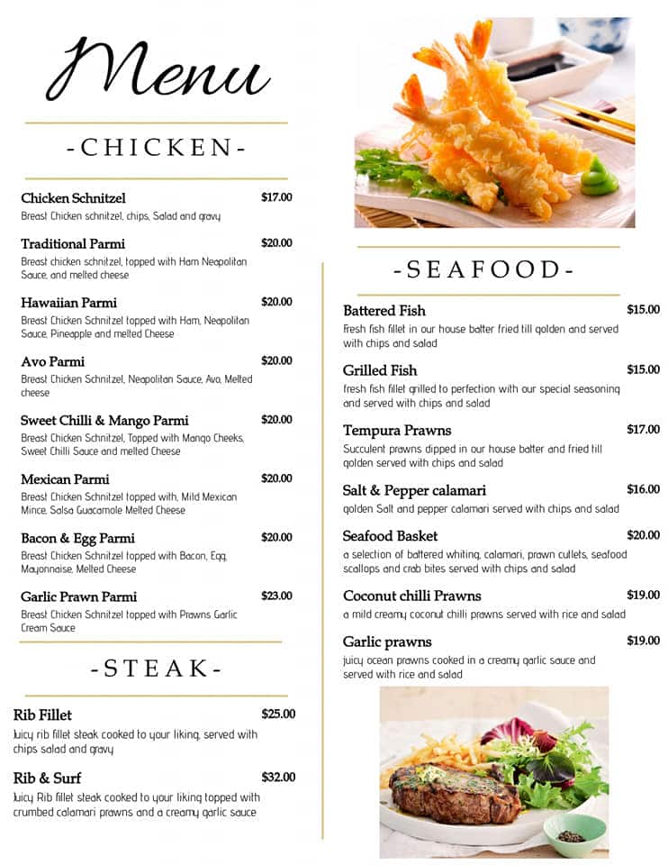 Menu at The Blue Parrot Café restaurant, Macleay Island