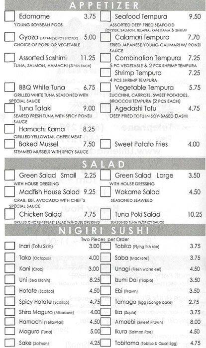 Menu at Little Madfish restaurant, Redwood City