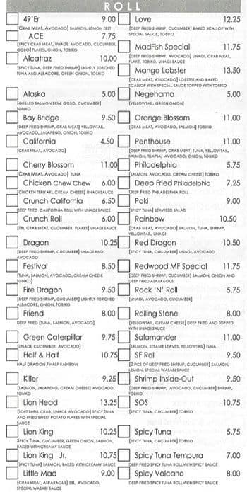 Menu at Little Madfish restaurant, Redwood City