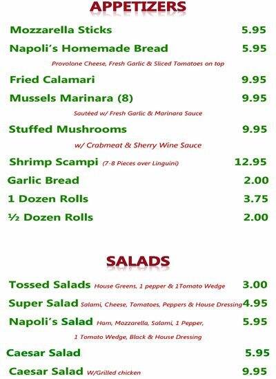 Napoli's Italian Restaurant Menu - Urbanspoon/Zomato
