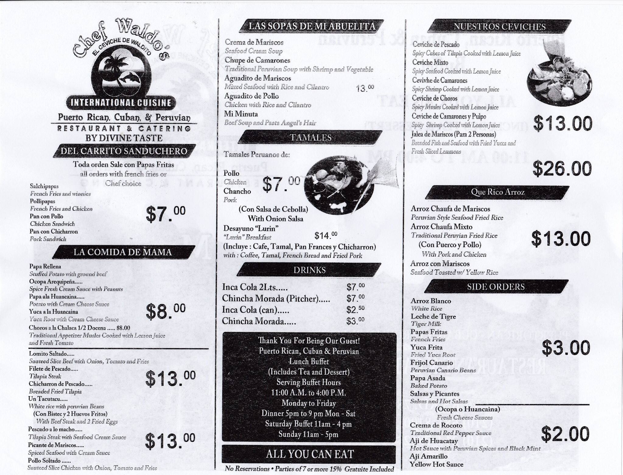 Carta del restaurante El Ceviche del Waldito, San Antonio