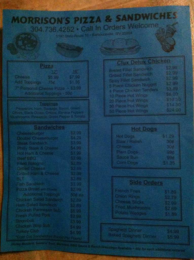 Menu at Morrisons Market, USA