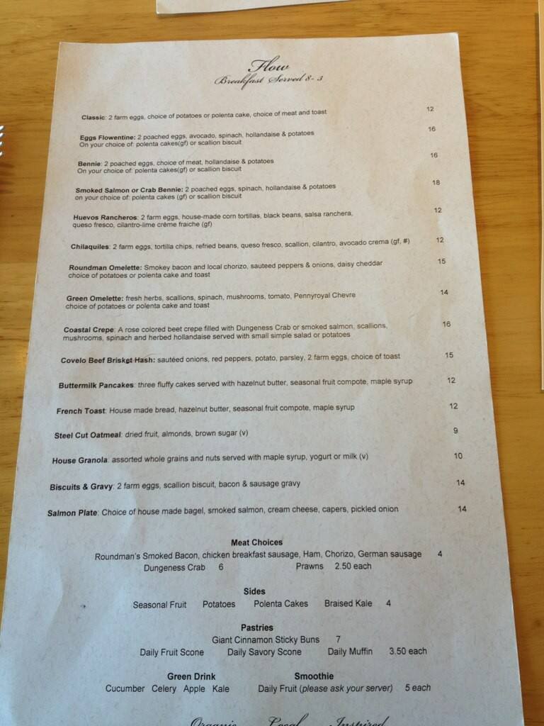 Menu at Flow pub & bar, Mendocino, Main St