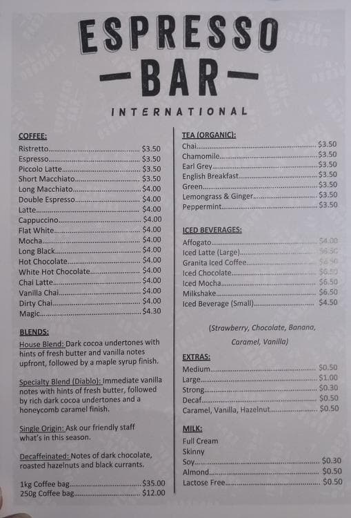 Menu at Espresso Bar International Collins Square, Docklands