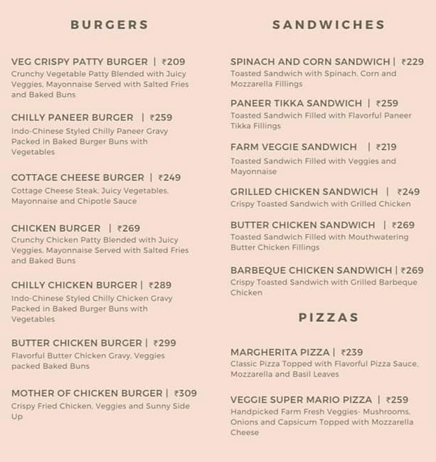 Menu at Sista'Z, New Delhi