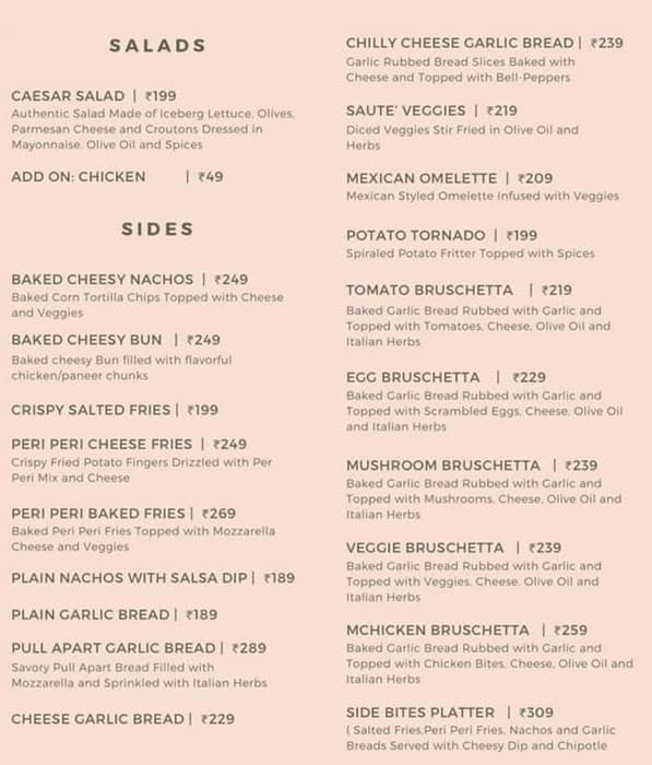 Menu at Sista'Z, New Delhi