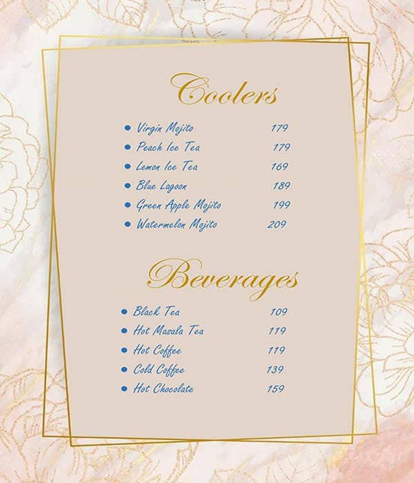 Menu at Sista'Z, New Delhi