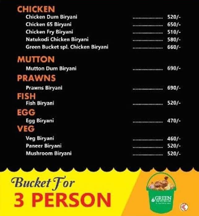 Menu at Green Bucket Biryani, Hyderabad, H.No. C-129 MIG Phase-II