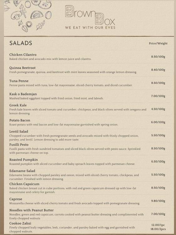 Menu of Brown Box, DIFC, Dubai