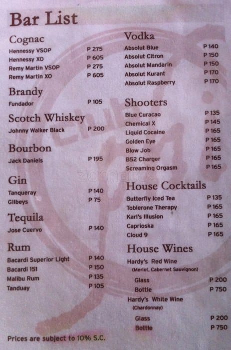 Menu at Club Phi, Pasig