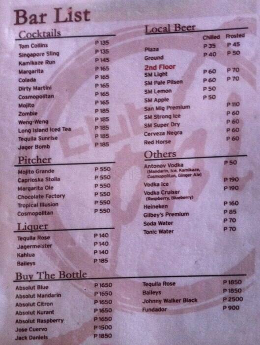 Menu at Club Phi, Pasig