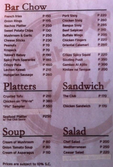 Menu at Club Phi, Pasig