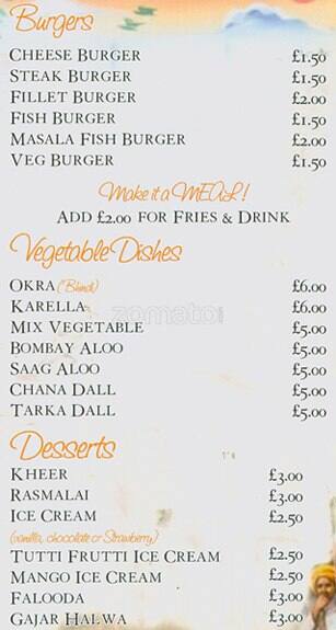 Menu at Desi Dera restaurant, Birmingham