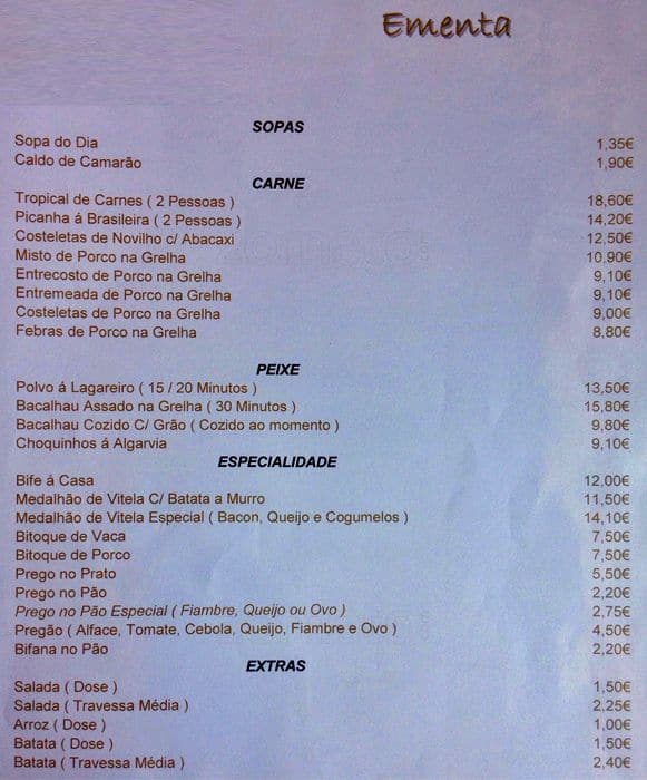 Menu em Arte do Bitoque restaurante, Ponte do Rol