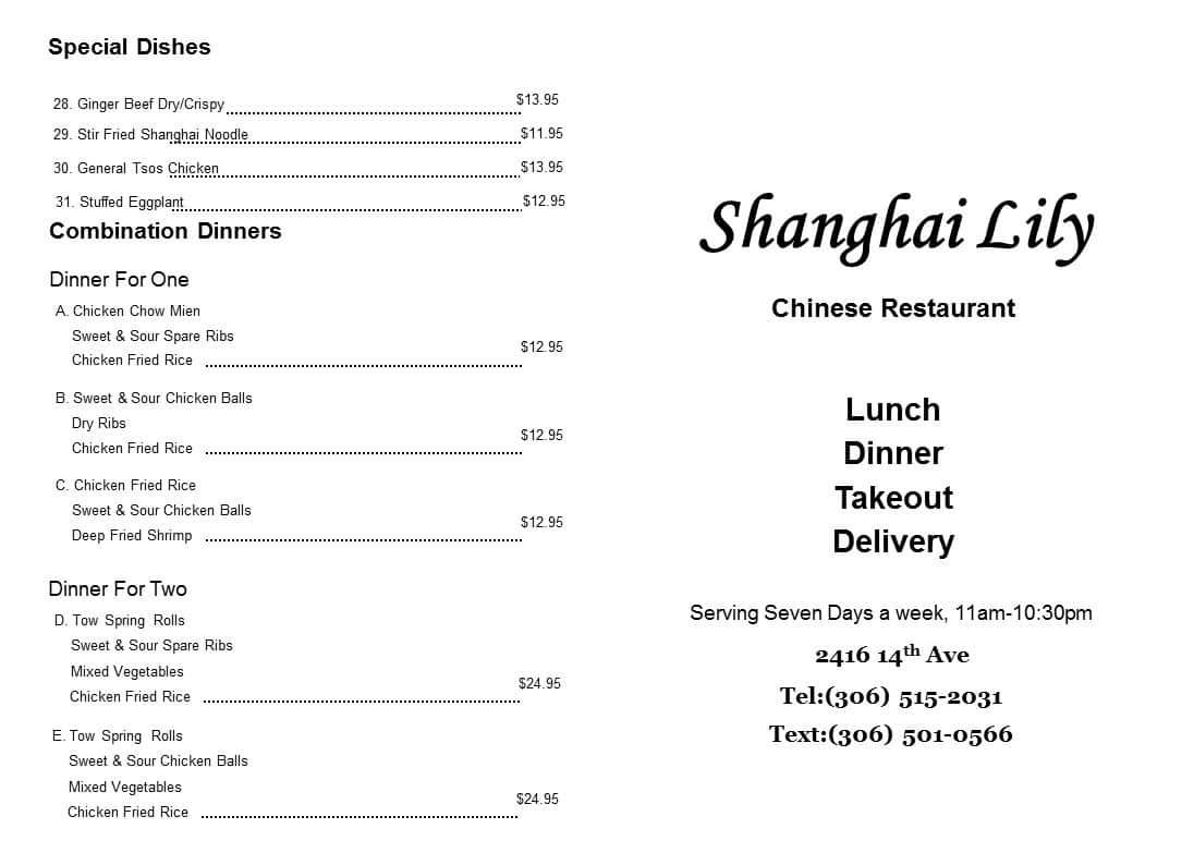 Menu at Shanghai lily restaurant, Regina