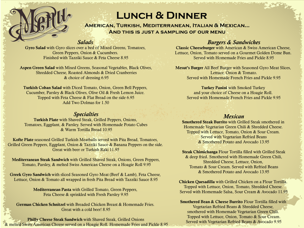 Menu at Aspen Lodge Bar & Grill, Westminster