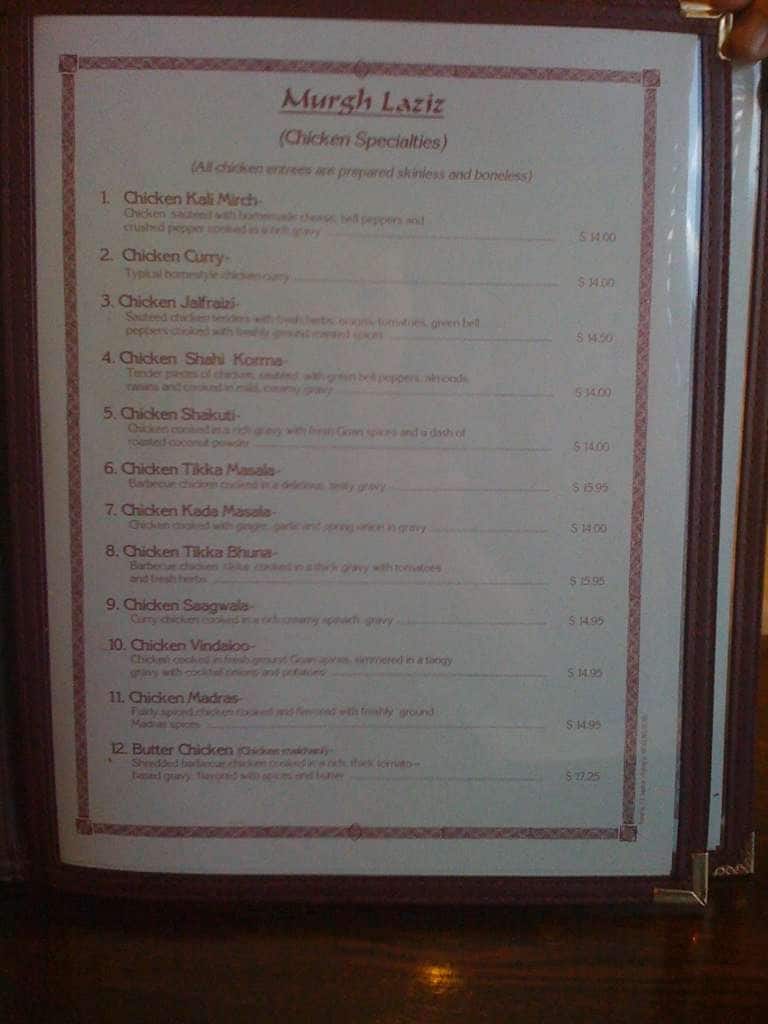 Menu at Memories of India restaurant, Lake Mary
