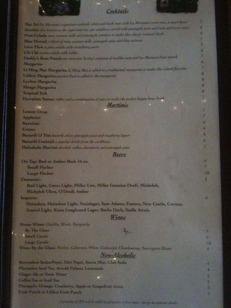 Menu at La Mariana Sailing Club, Honolulu, 50 Sand Island Access Rd