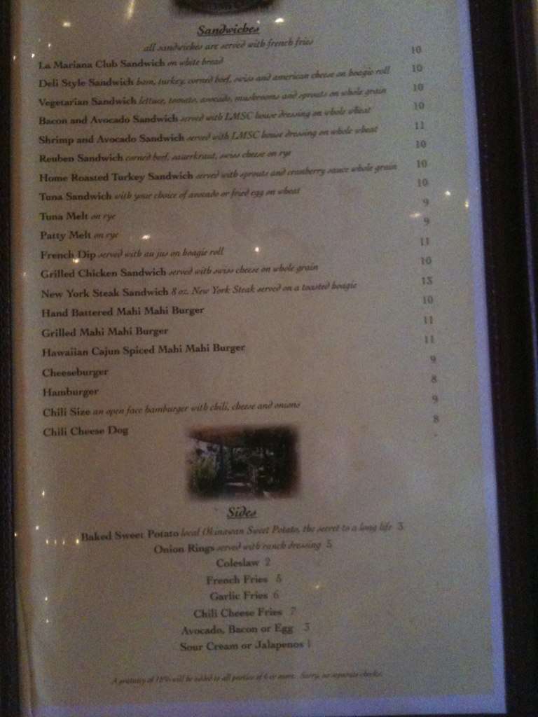 Menu at La Mariana Sailing Club, Honolulu, 50 Sand Island Access Rd