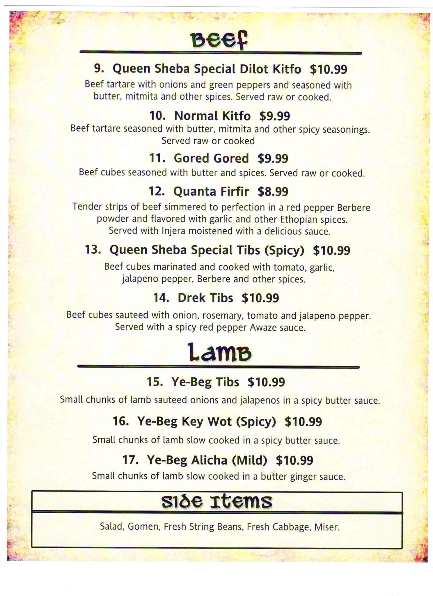 Menu at Queen Sheba Ethiopian Restaurant, Charlotte